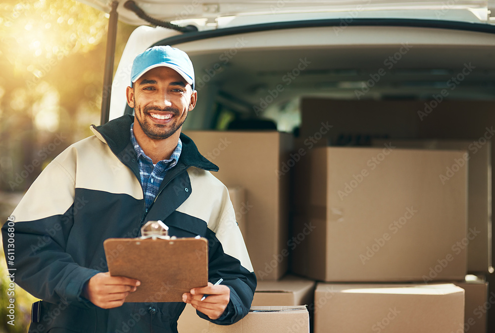 Foto de Happy, delivery and checklist with portrait of man for courier ...