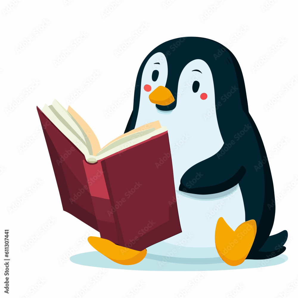 penguin reading a book - childrens drawing - flat vector art Stock ...