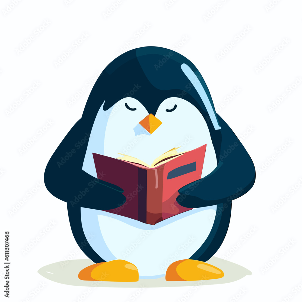 penguin reading a book - childrens drawing - flat vector art Stock ...