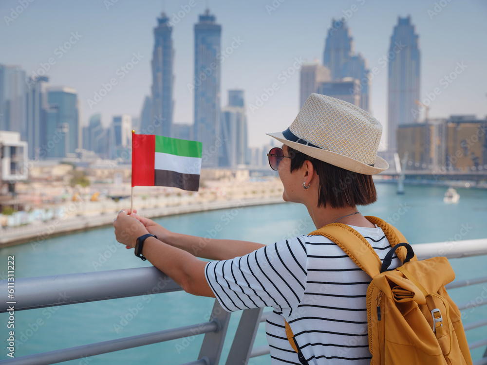 Foto de asian happy traveler woman with hat and yellow backpack with ...