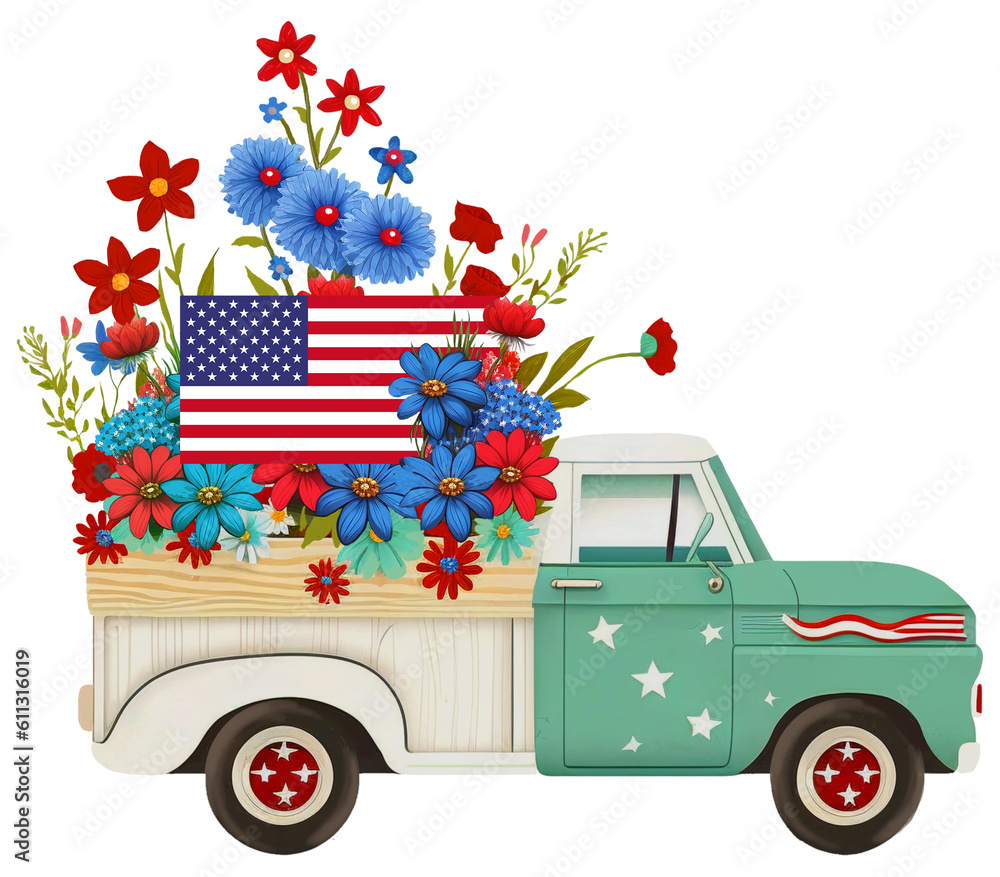 Patriotic Old Farm Truck with USA flag Stock Illustration | Adobe Stock