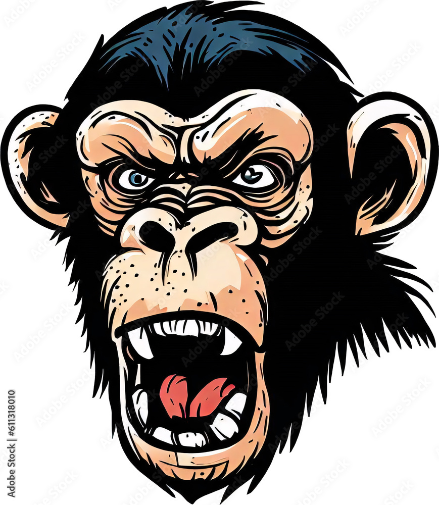 the head of an angry chimpanzee in comic style, on transparent ...