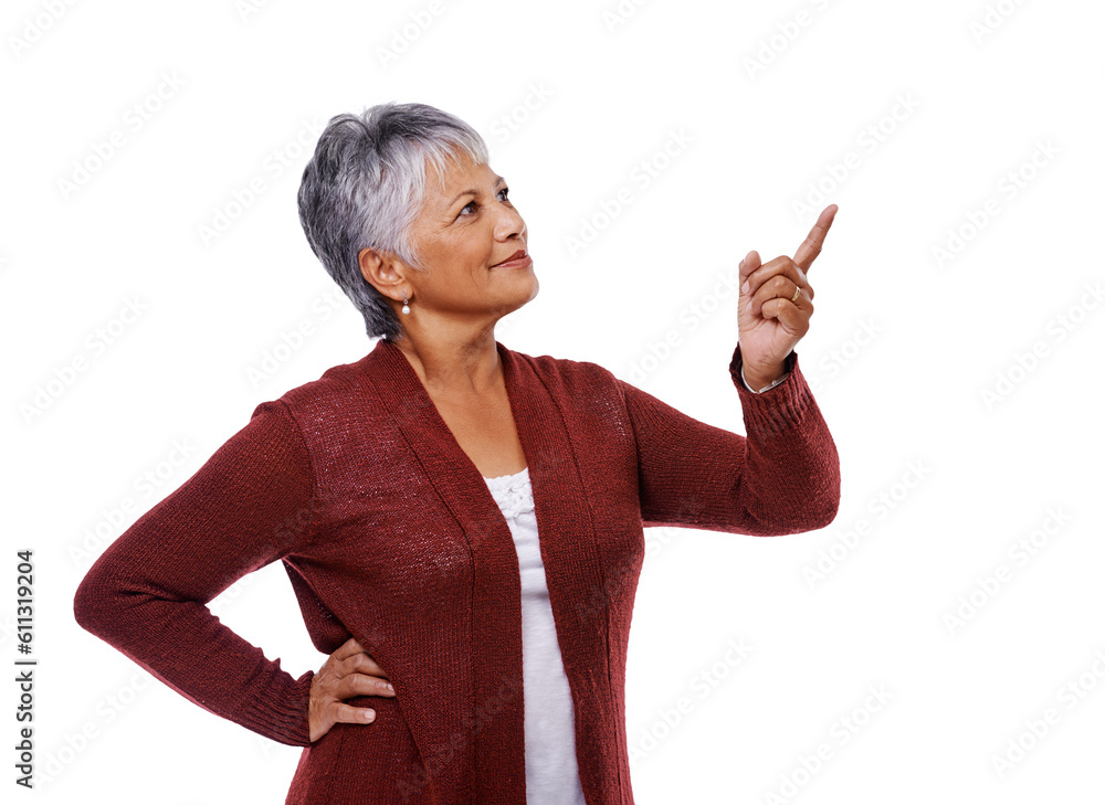 Isolated senior woman, point and thinking with smile, ideas and happy ...