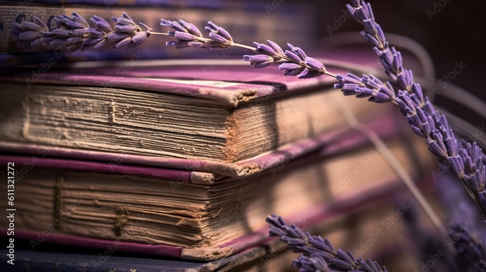 Macro photo of very worn purple vintage books with levander, Generative ...