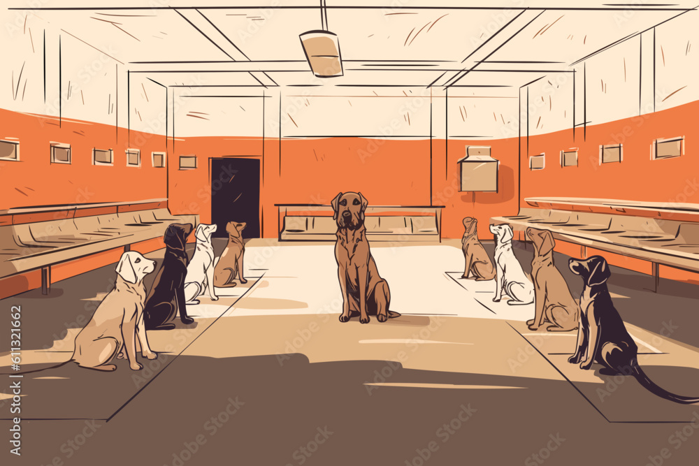 Doodle inspired inside of dog training facility, cartoon sticker ...