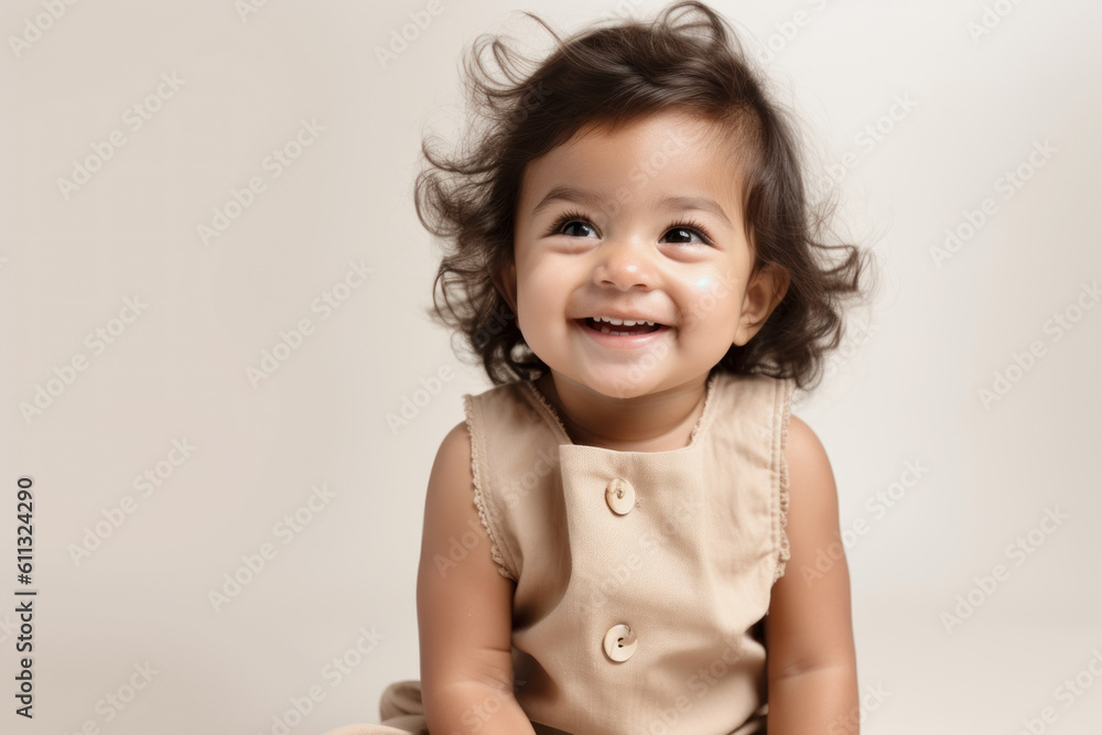 Portrait of a smiling Mexican toddler girl in front of a white ...