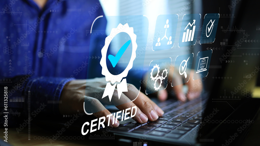 Business person working with the sign of certificate service Quality ...