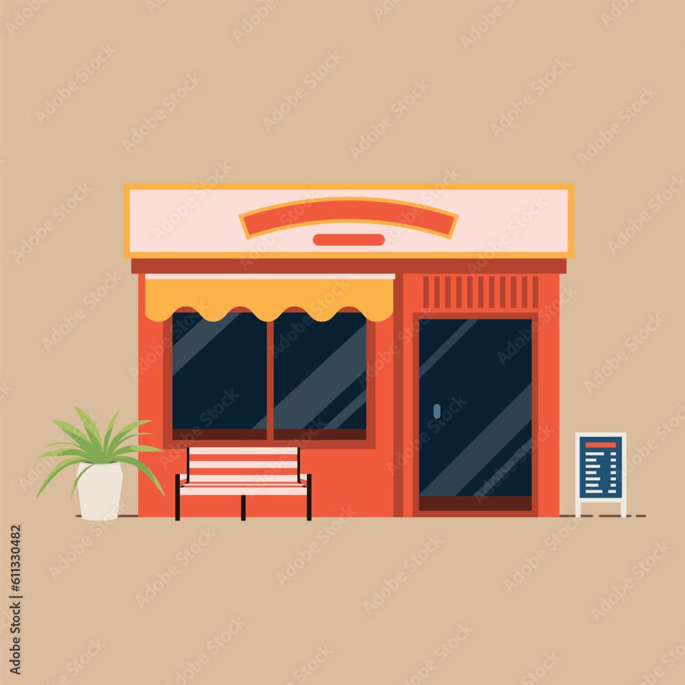 Storefront cafe flat vector. building faces a street with a bench ...