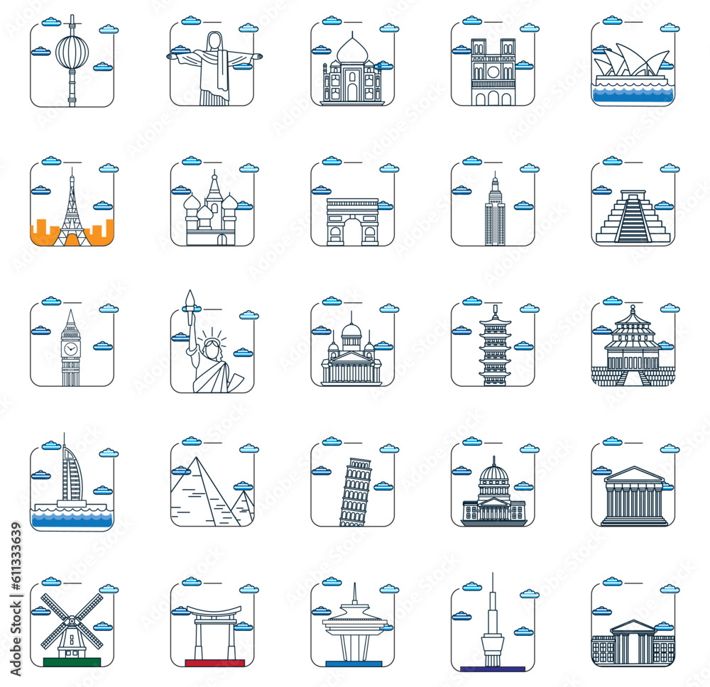 vector icon set of landmarks of cities in the world with clouds and a ...
