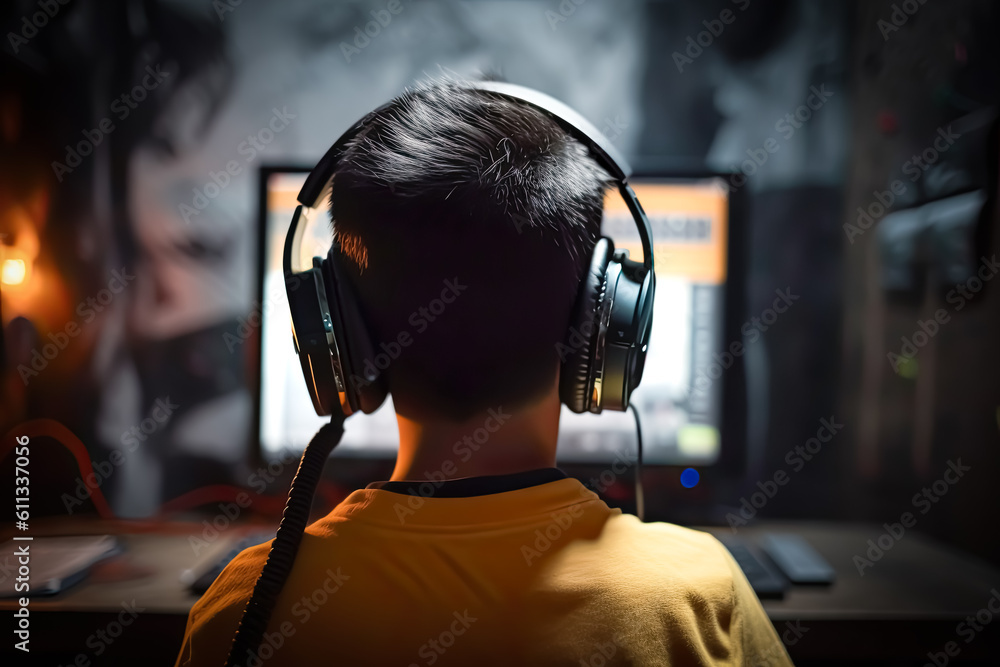 Asian Kid with gaming headphone is playing computer game on computer in ...