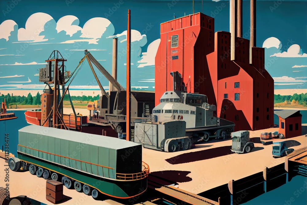 pulp and paper mill, with workers loading trucks and barges with raw ...
