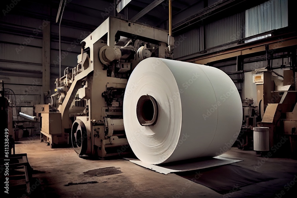 pulp and paper factory, with huge machines producing high-quality paper ...