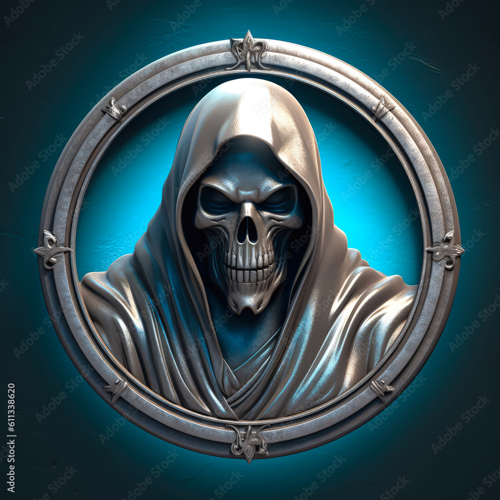 Grim reaper, silver metal game emblem, cyberpunk style game badges on ...