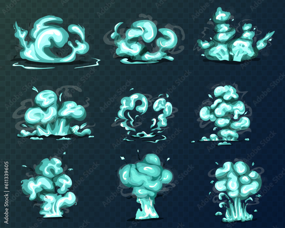 Blue fire explosion ui animation sprite vector set. Cartoon magic hit ...