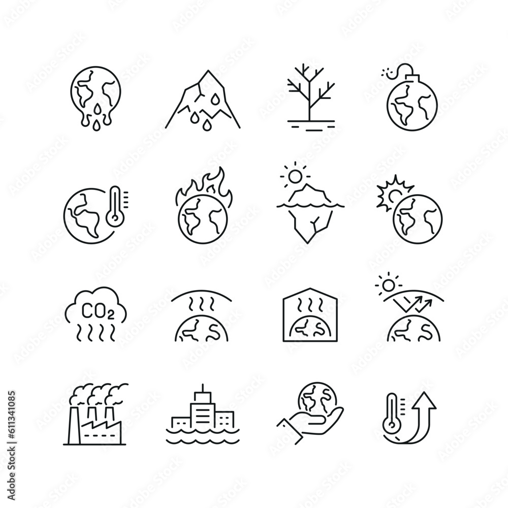 Vector line set of icons related with global warming. Contains ...