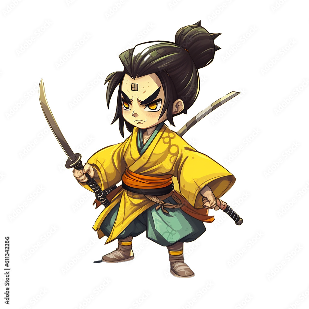 yellow kimono samurai warrior with katana, 2D platform game character ...