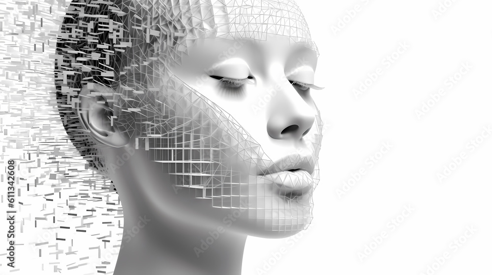 3D Render. Human face transforming to robot. AI technology, white background, digitalism ...