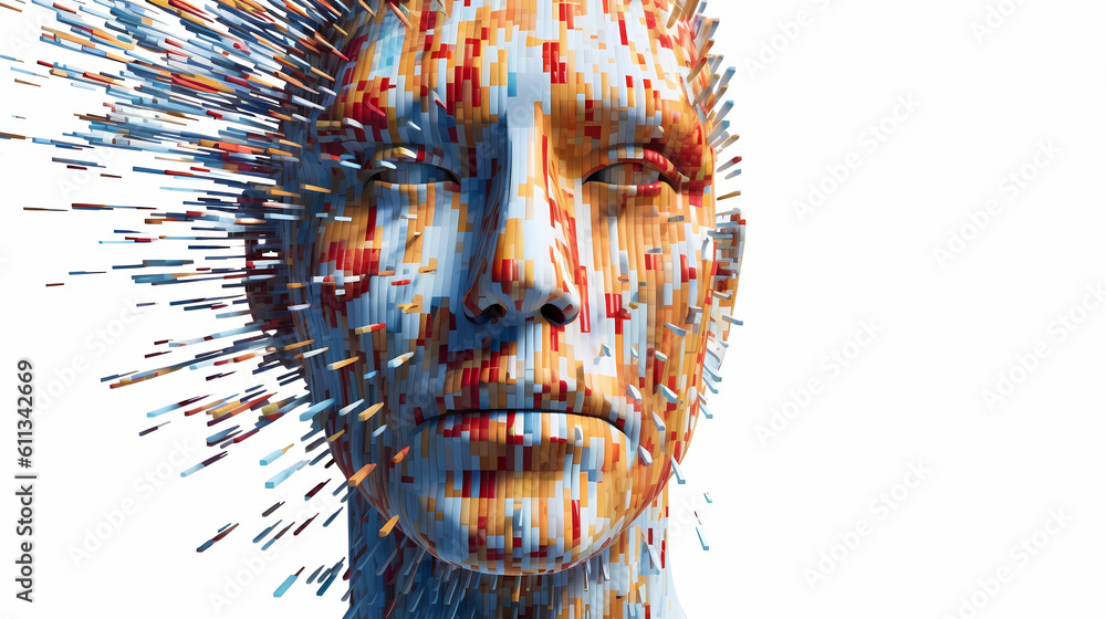 3D Render. Human face transforming to robot. AI technology, white ...