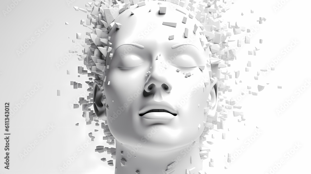 3D Render. Human face transforming to robot. AI technology, white background, digitalism ...