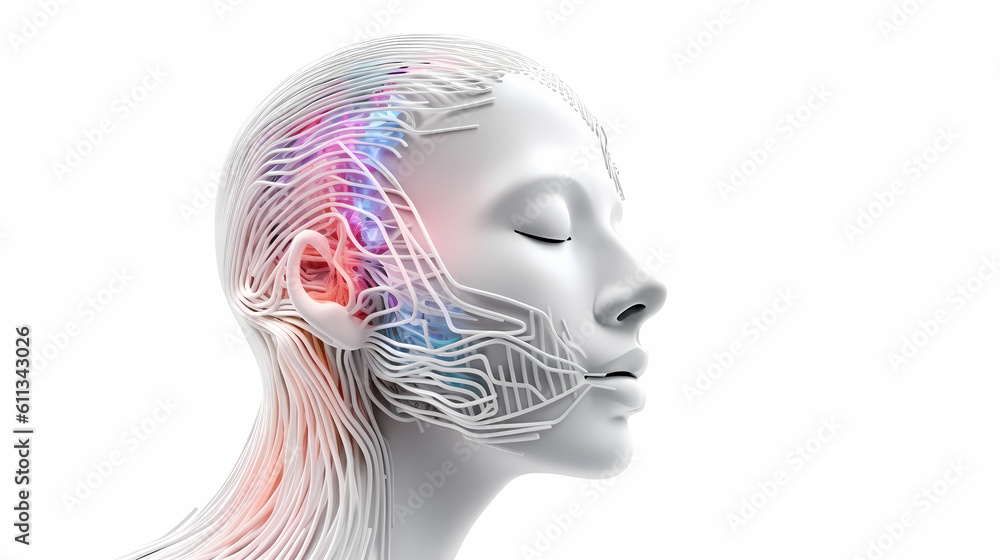 3D Render. Human face transforming to robot. AI technology, white background, digitalism ...