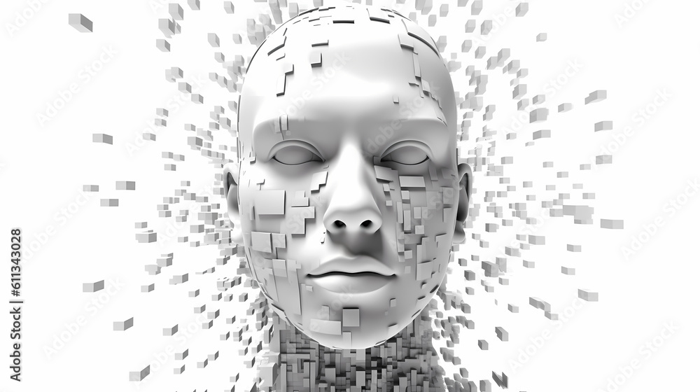 3D Render. Human face transforming to robot. AI technology, white background, digitalism ...