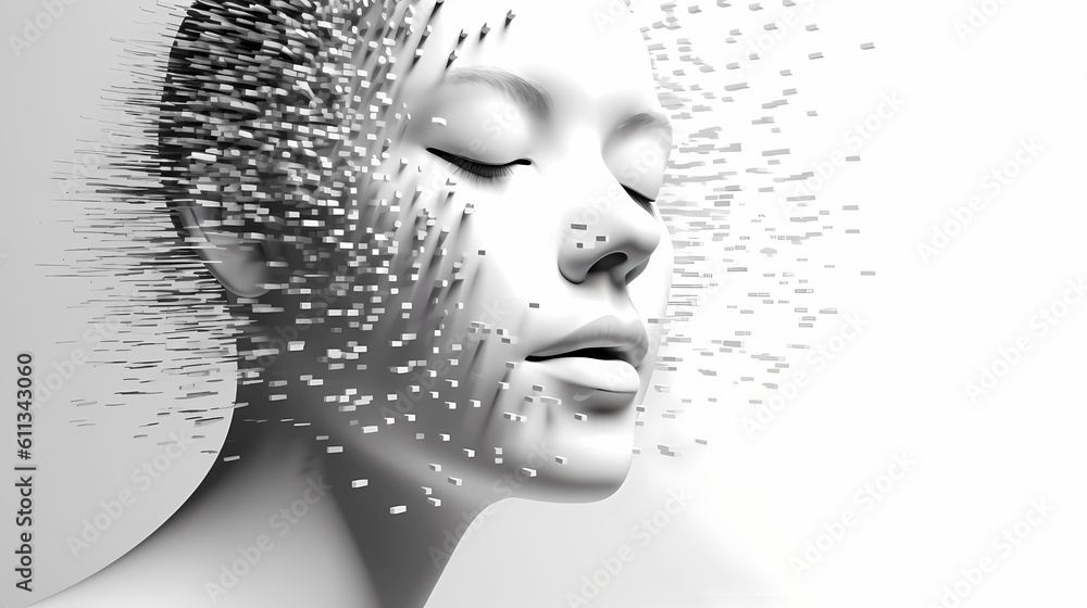 3D Render. Human face transforming to robot. AI technology, white background, digitalism ...