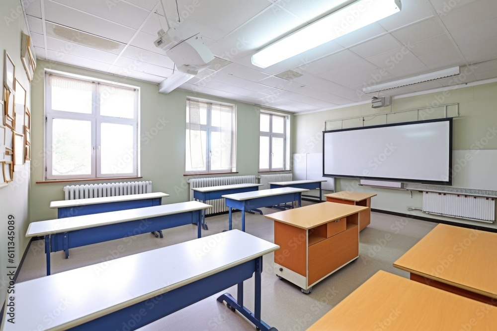 empty classroom with interactive whiteboard and projector for use in ...