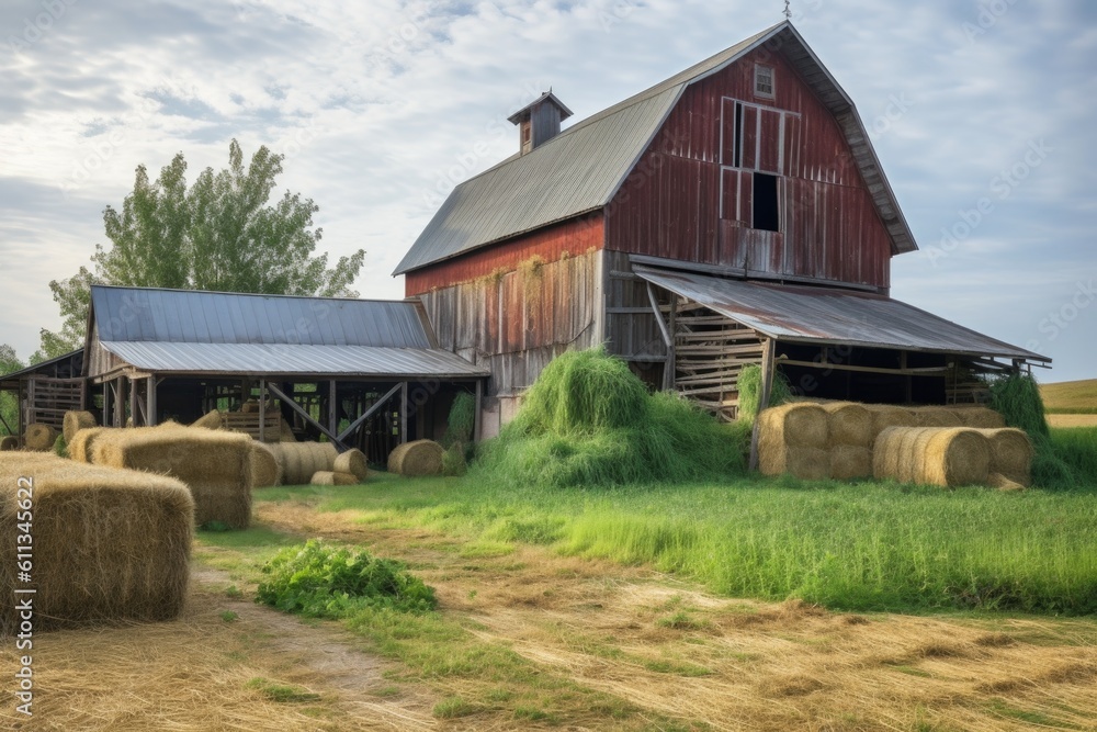 rustic barn with stack of hay bales and feeding troughs, created with ...