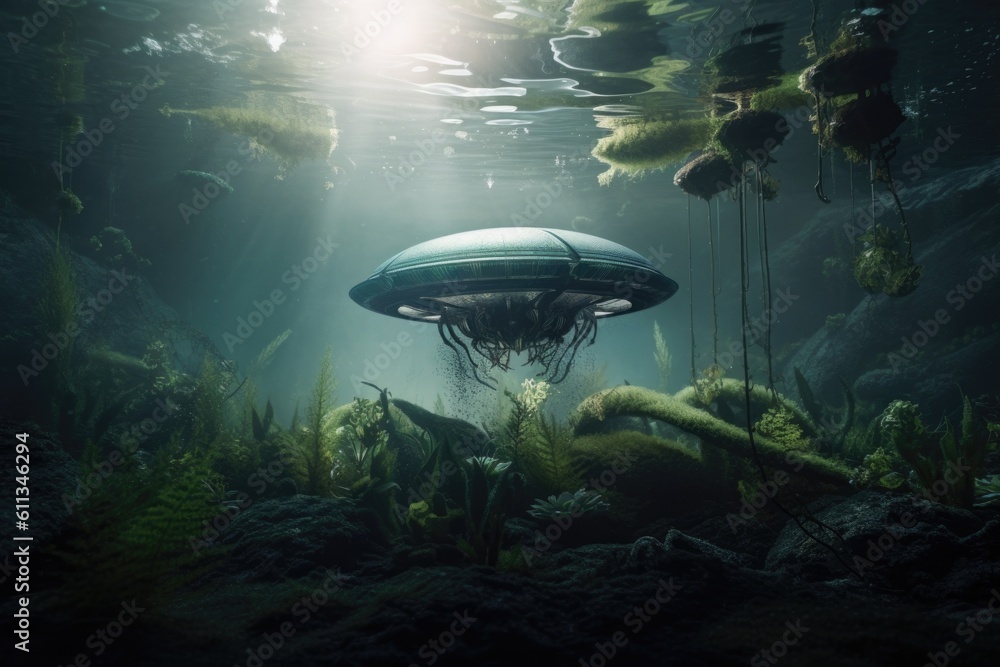 alien life form levitating above water, surrounded by aquatic plants, created with generative ai ...