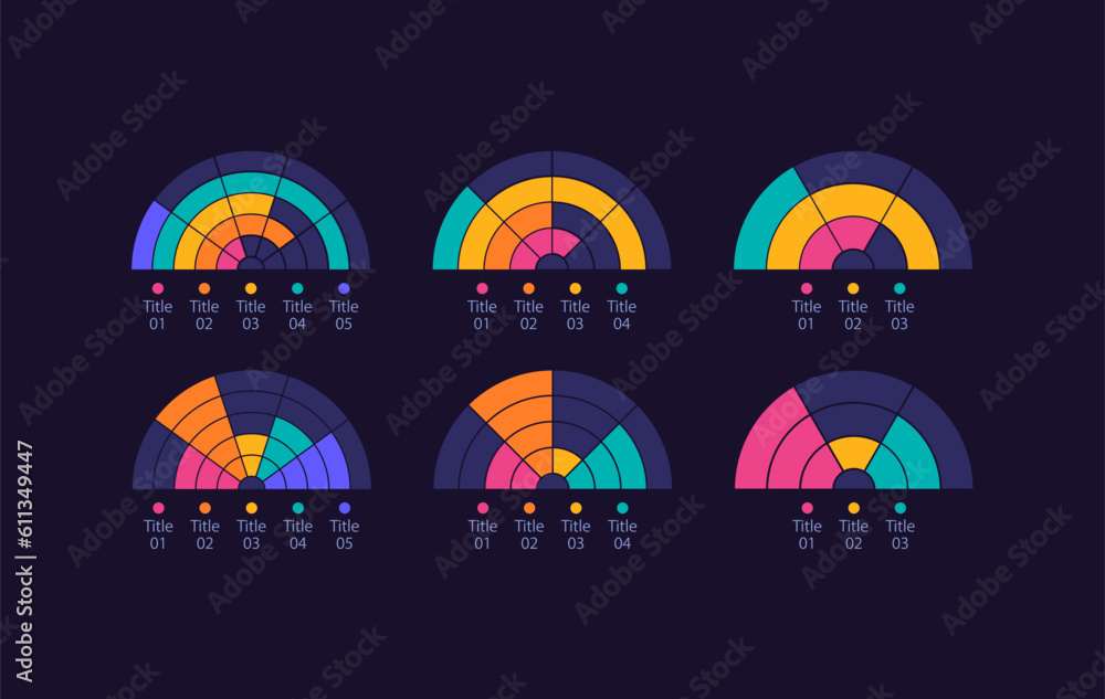 Semi circle infographic chart design template set for dark theme ...