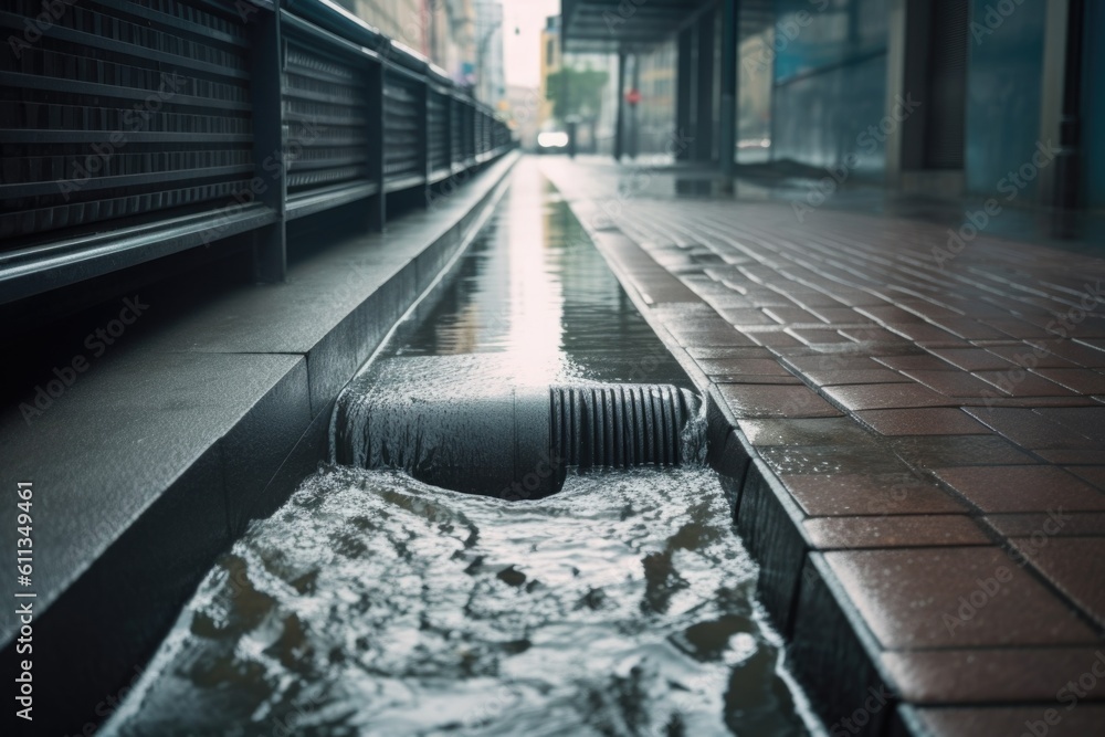 downpipe with rainwater flowing into storm drain in the city, created ...