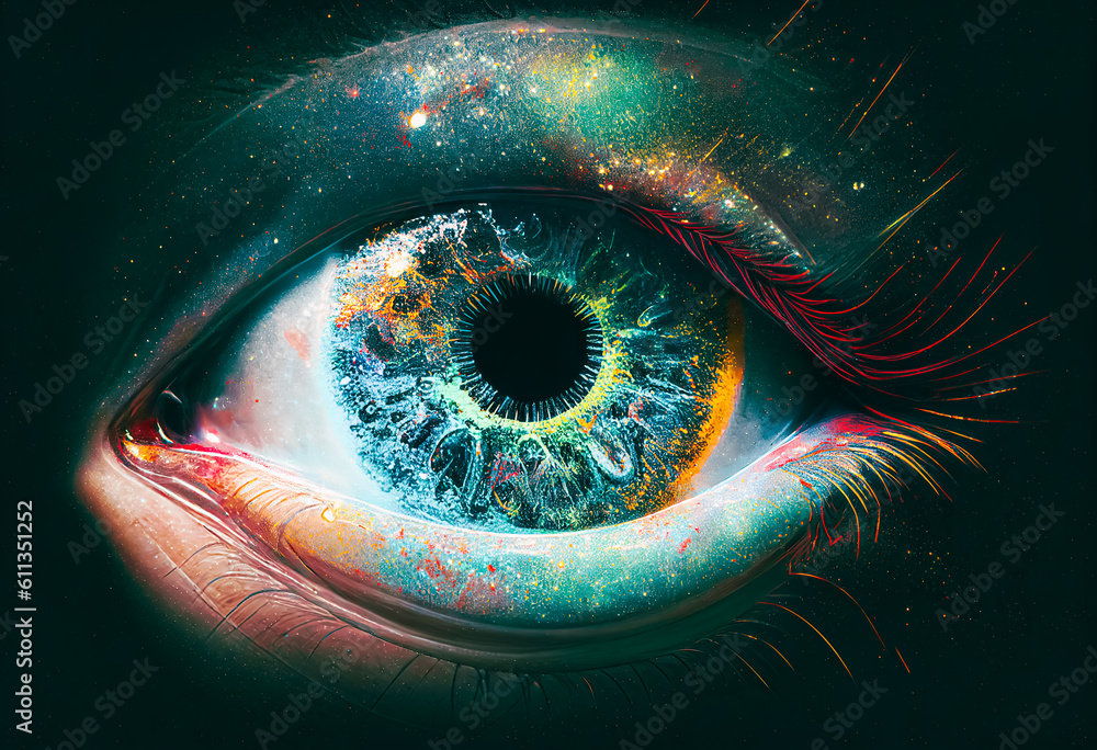 Cosmic eye close-up, human eye with eyelashes, big bang reflection in ...