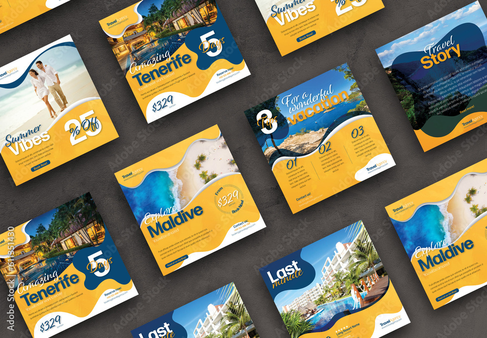 Travel Social Media Post with Blue and Yellow Accents Stock Template ...