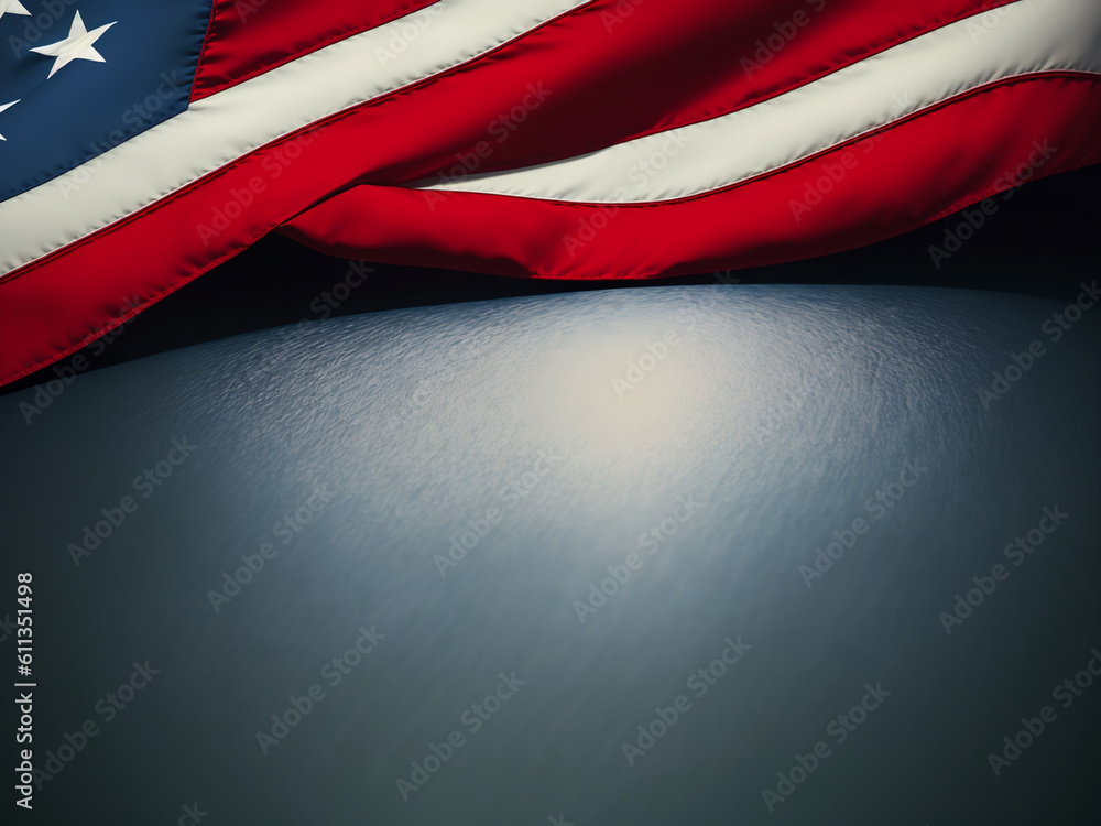 A crumpled piece of the iconic USA flag resting on a dark table. The ...