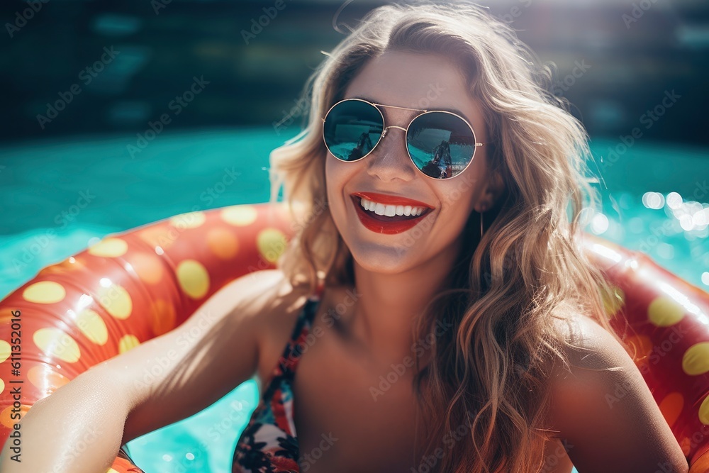 Funny girl in the hotel swimming pool turquoise smiling inside a red ...