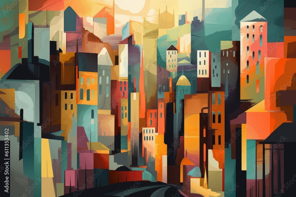 cubist cityscape, with buildings and street scenes reimagined in a ...