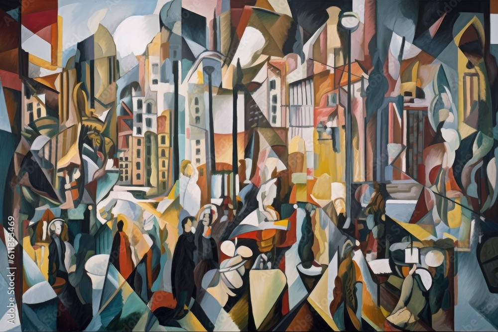cubism-inspired painting of a busy city street, with the different ...