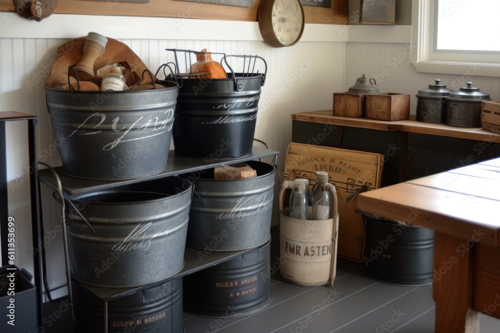 upcycled metal bins and buckets used for storage, created with ...