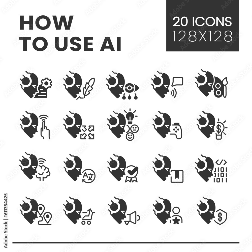 How to use AI big black linear glyph icons set. Artificial intelligence ...