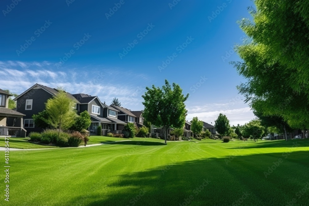 lush green lawns and well-kept homes in residential neighborhood ...