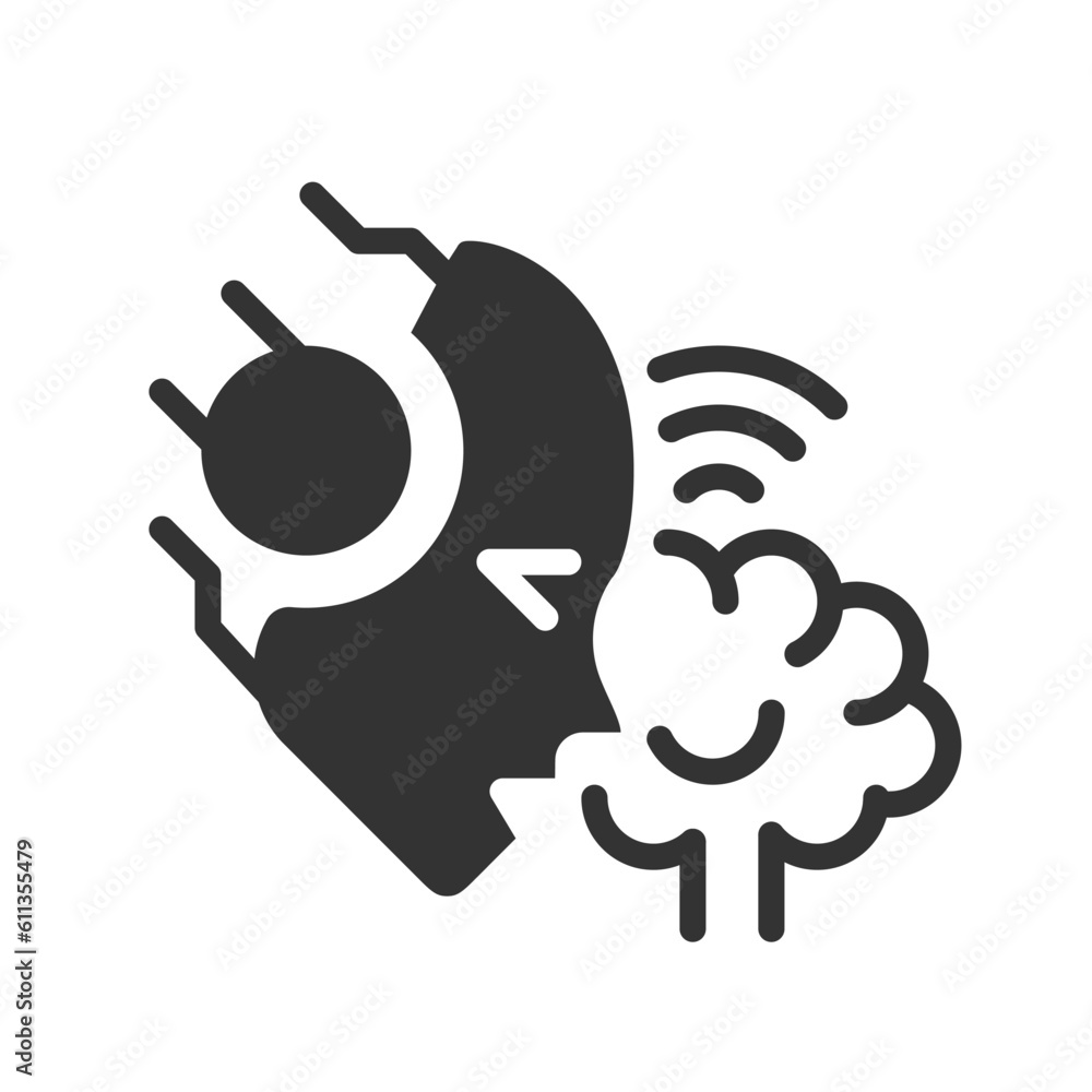 AI reads minds black linear glyph icon. Interpret brain signals ...