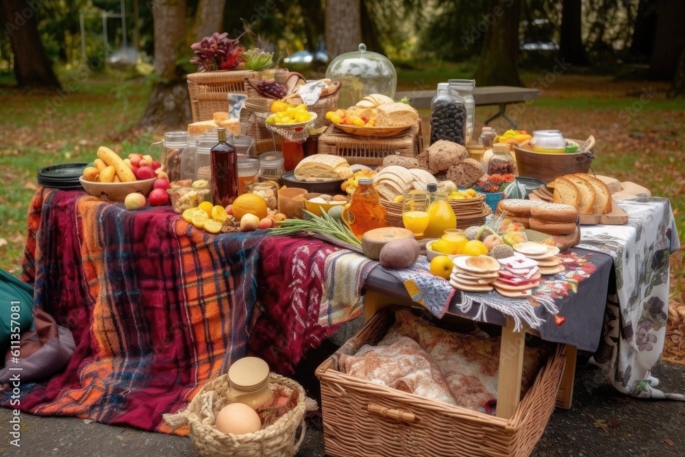 picnic table overflowing with picnic basket goodies, from sandwiches ...