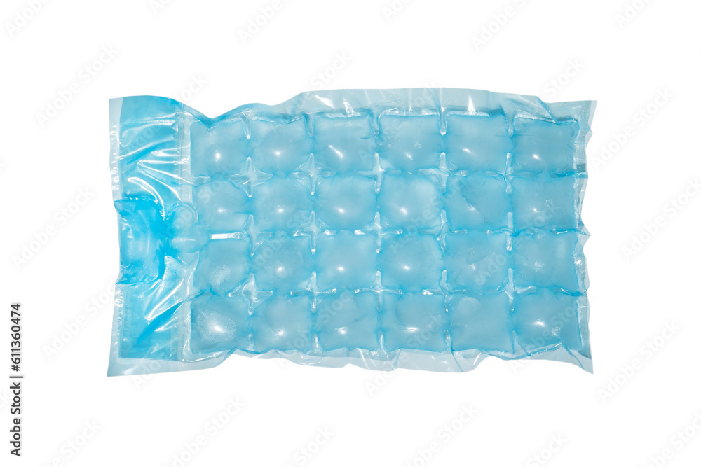 Blue plastic packaging ice bags for home water freezing isolated on ...