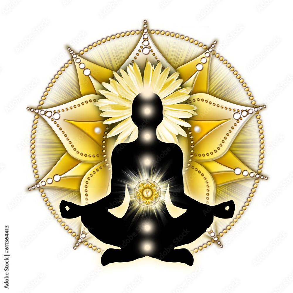 Solar plexus chakra meditation in yoga lotus pose, in front of Manipura ...