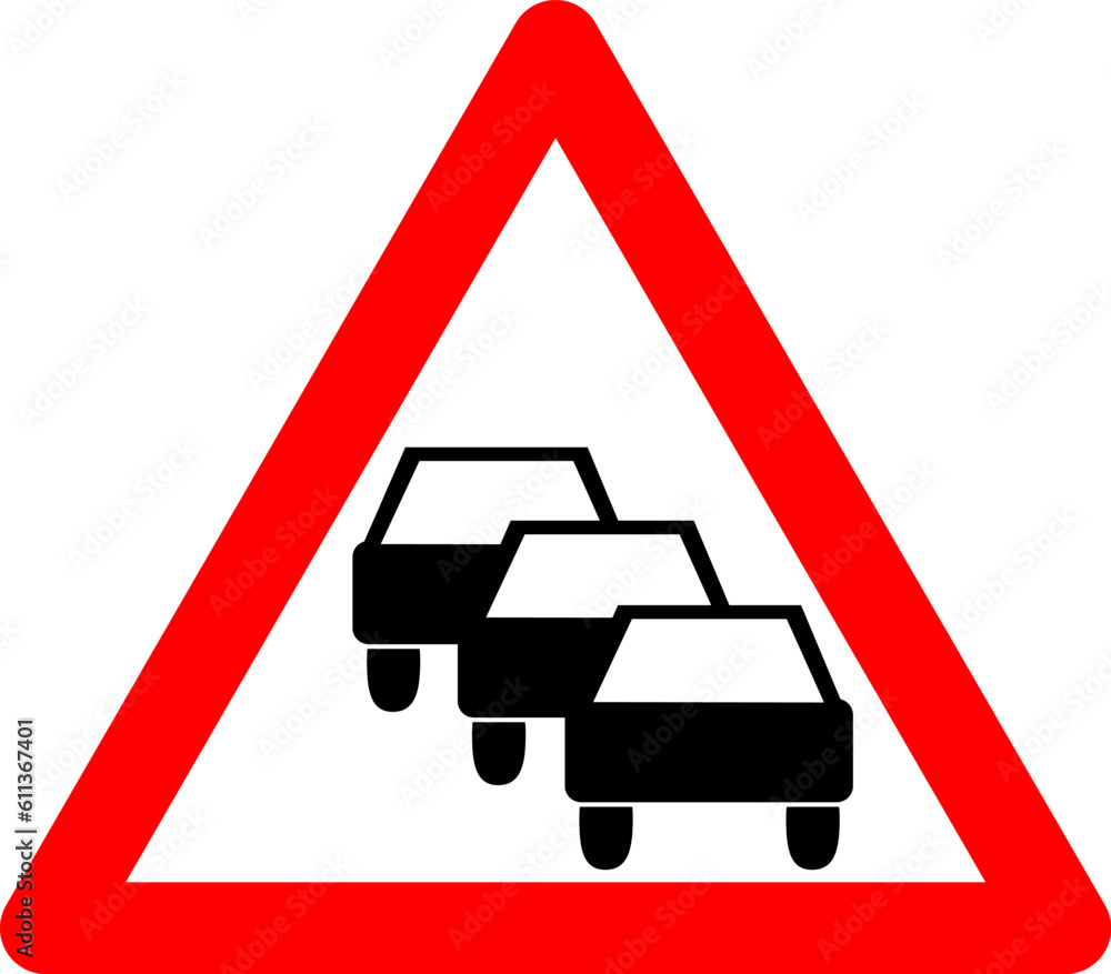 Traffic congestion sign. Warning sign of traffic congestion. Red ...