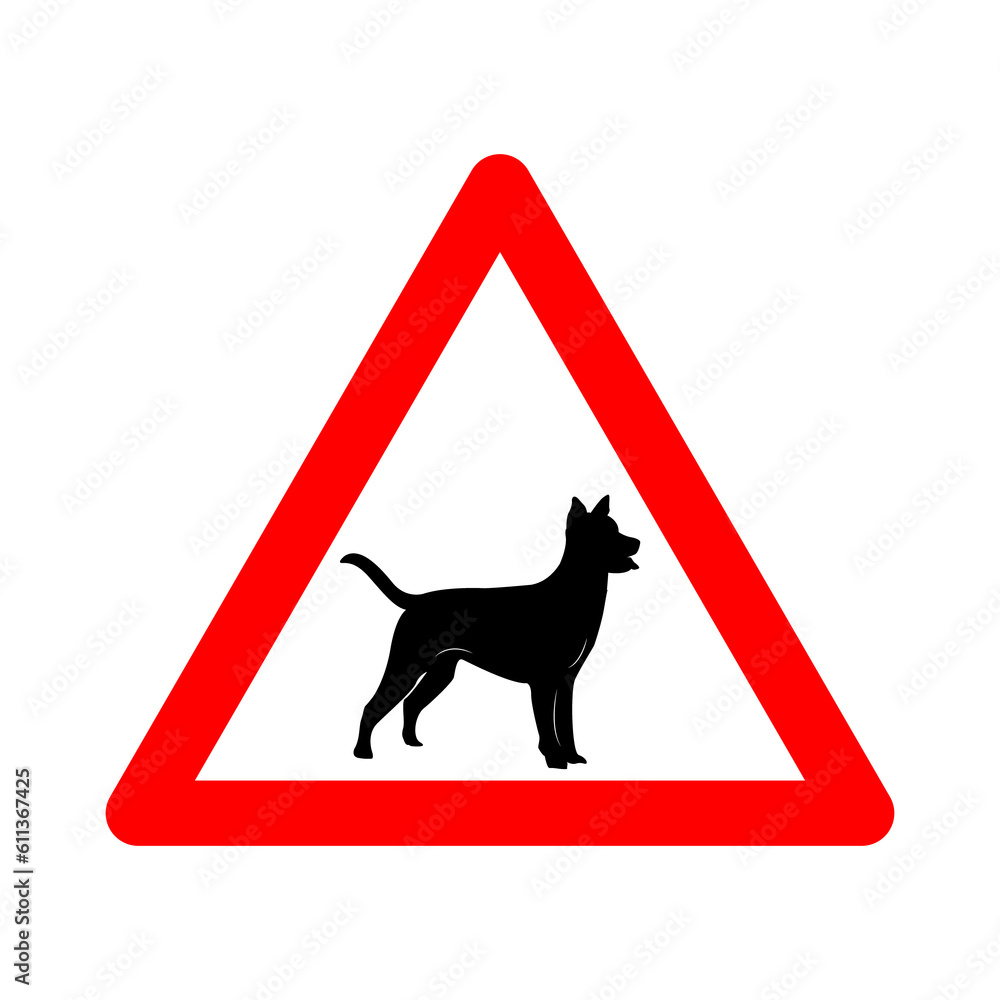 Dog sign. Angry dog warning sign. Red triangle sign with silhouette of ...