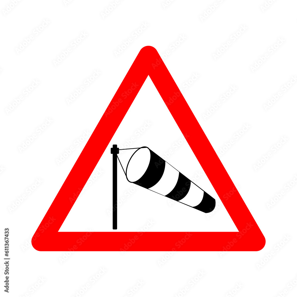 Side wind sign. Side wind warning sign. Red triangle sign with a cone ...