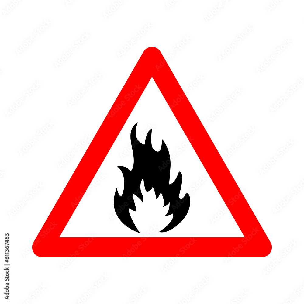 Fire sign. Warning sign flammable substances. Red triangle sign with ...