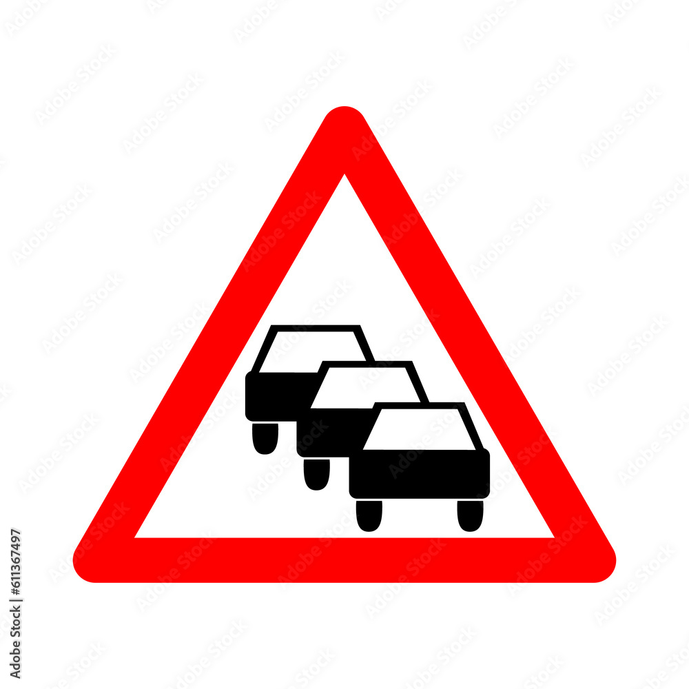 Traffic congestion sign. Warning sign of traffic congestion. Red ...
