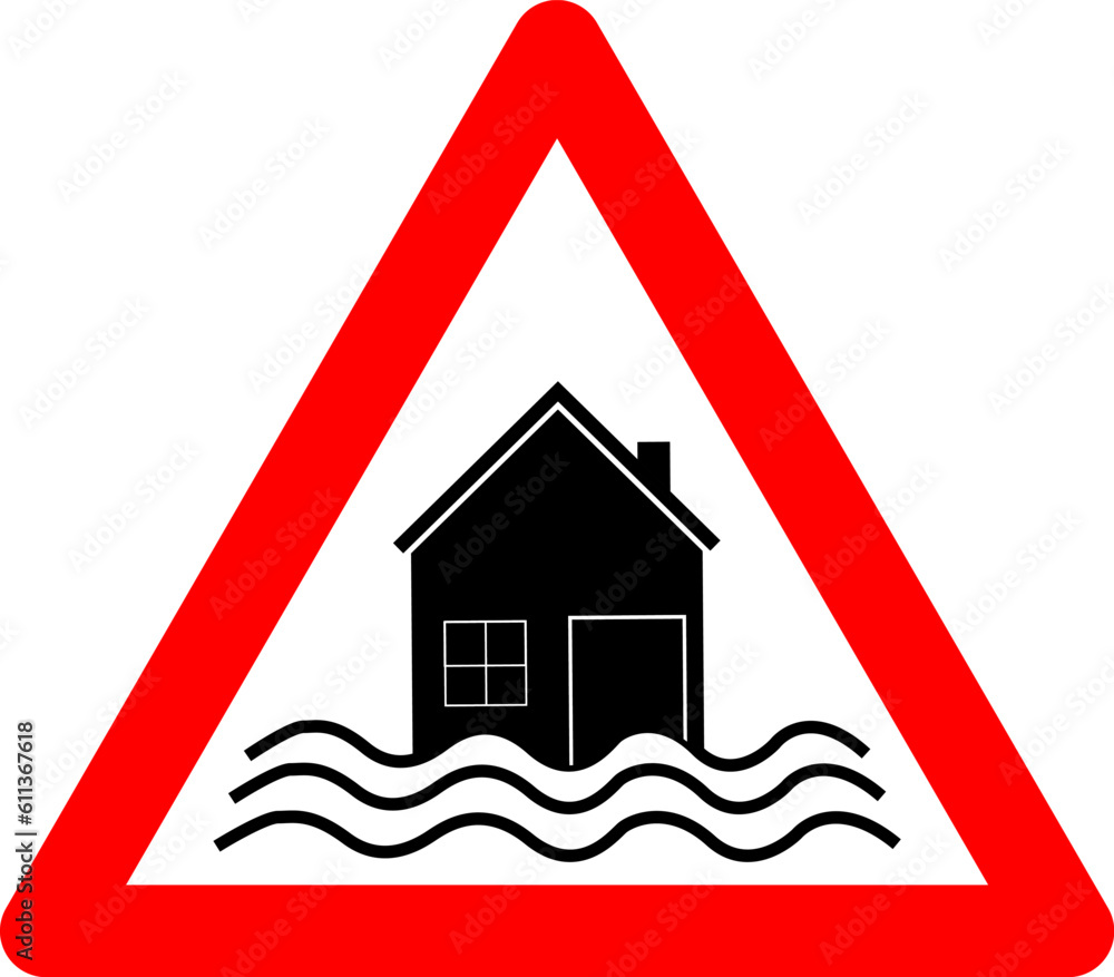 Vetor de Flood sign. Flood risk warning sign. Red triangle sign with a ...